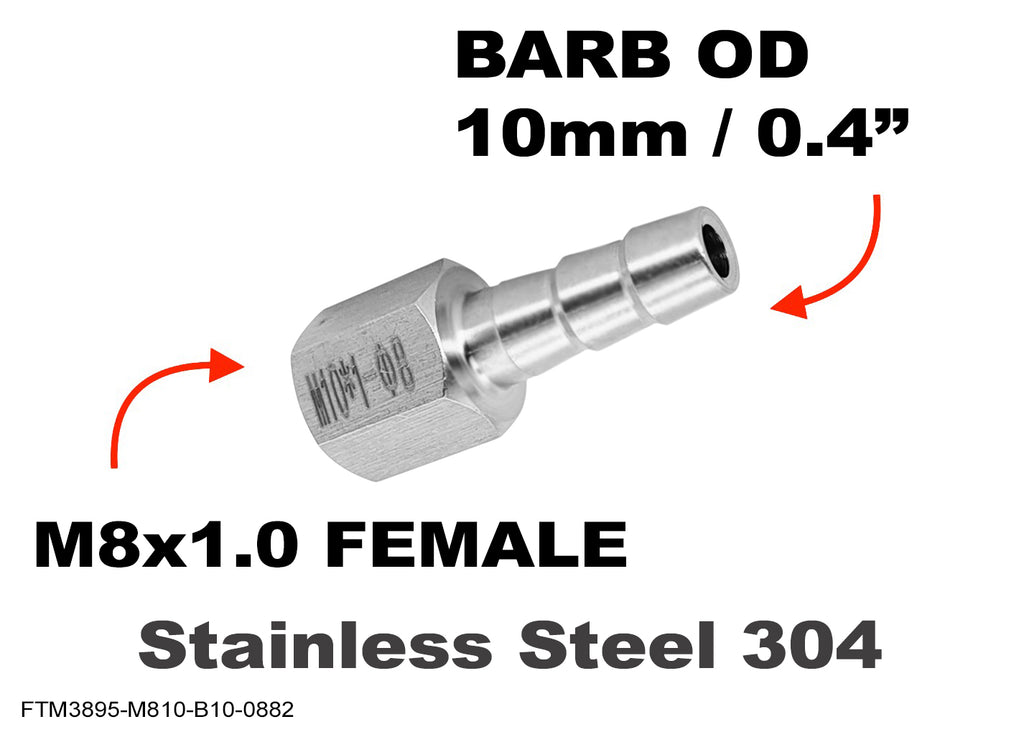 M8x1.0 FEMALE to BARB OD 10mm / 0.4 inch Stainless Tail Adaptor Hose ...